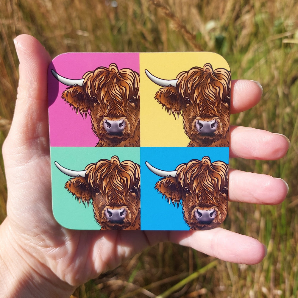 Highland Cow Pop Art Coaster – Born in Scotland